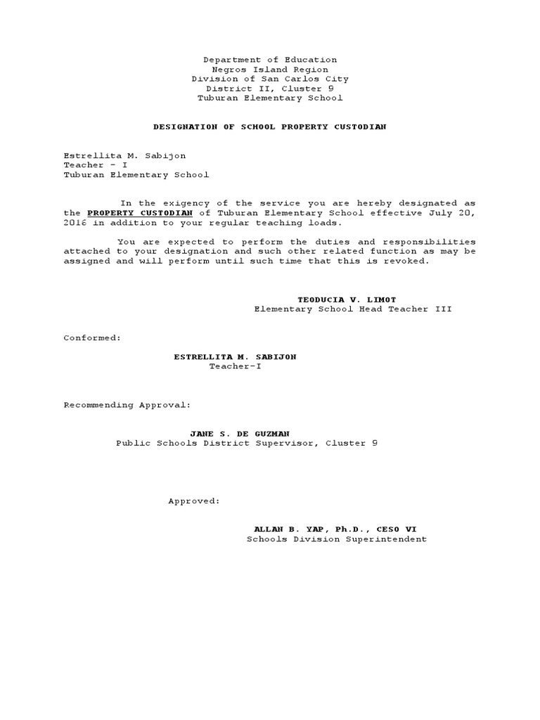 Designation of Property Custodian | PDF | School Types | Schools