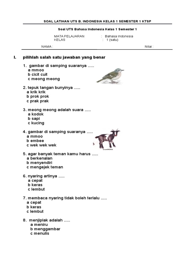 Soal Latihan Uts Bindo Kelas 1 Semester 1 KTSP | PDF