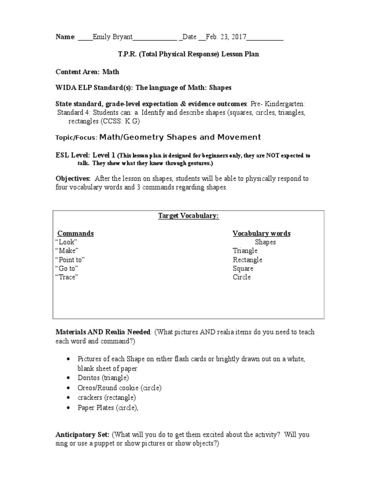 TPR Lesson | PDF | Vocabulary | Shape