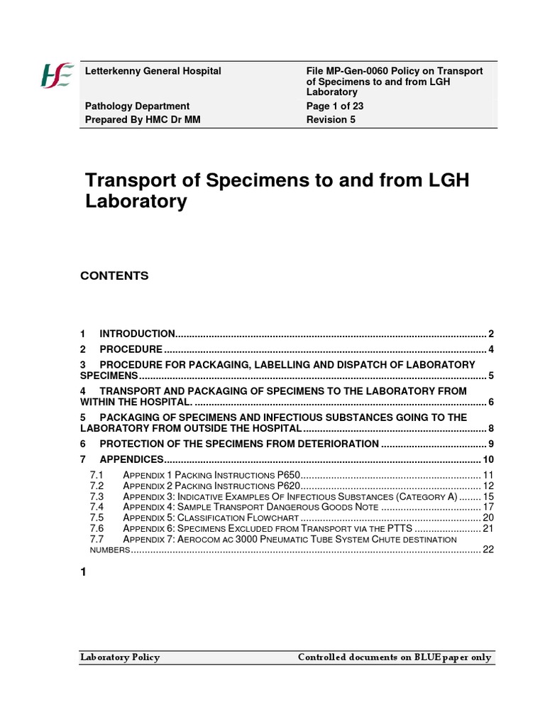 Specimen Transport Policy | Dangerous Goods | Medical Laboratory
