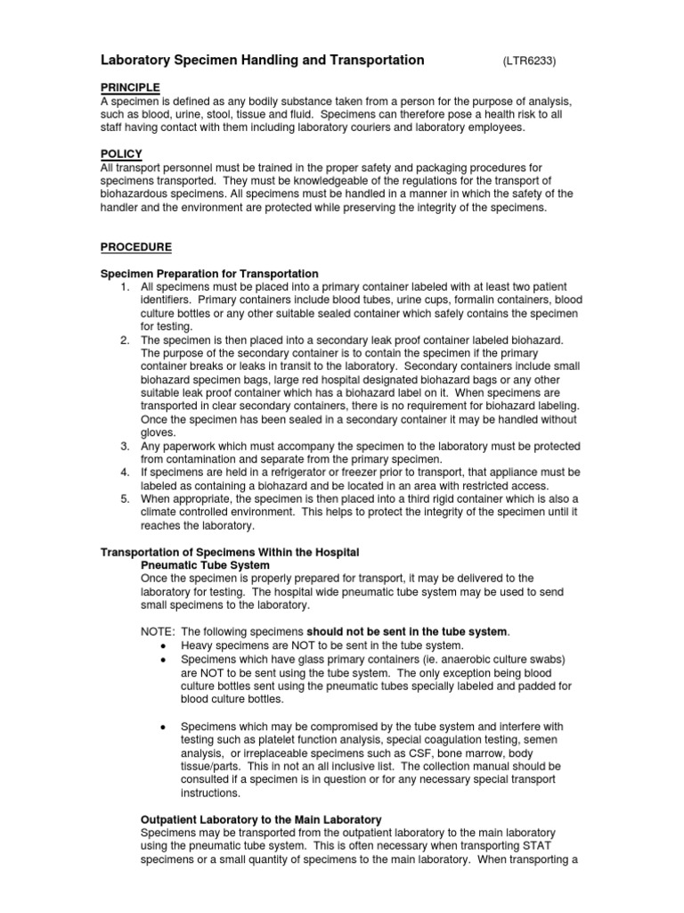 Laboratory Specimen Handling and Transportation | PDF | Laboratories ...