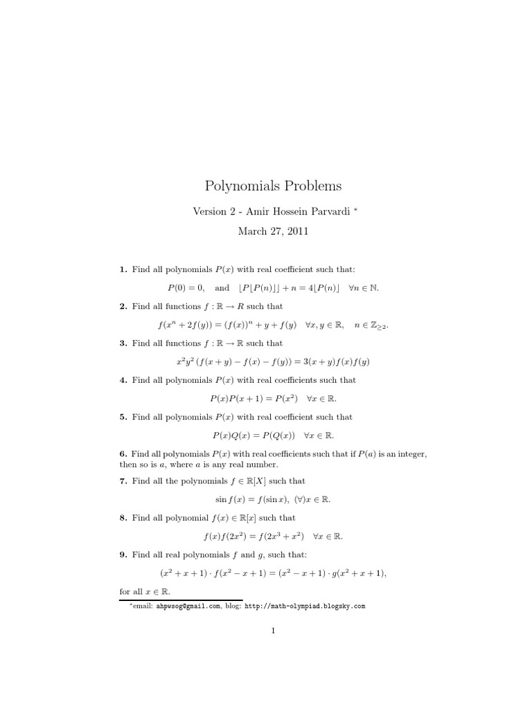 100 Nice Polynomial Problems With Solutions v2 - Amir Hossein Parvardi ...