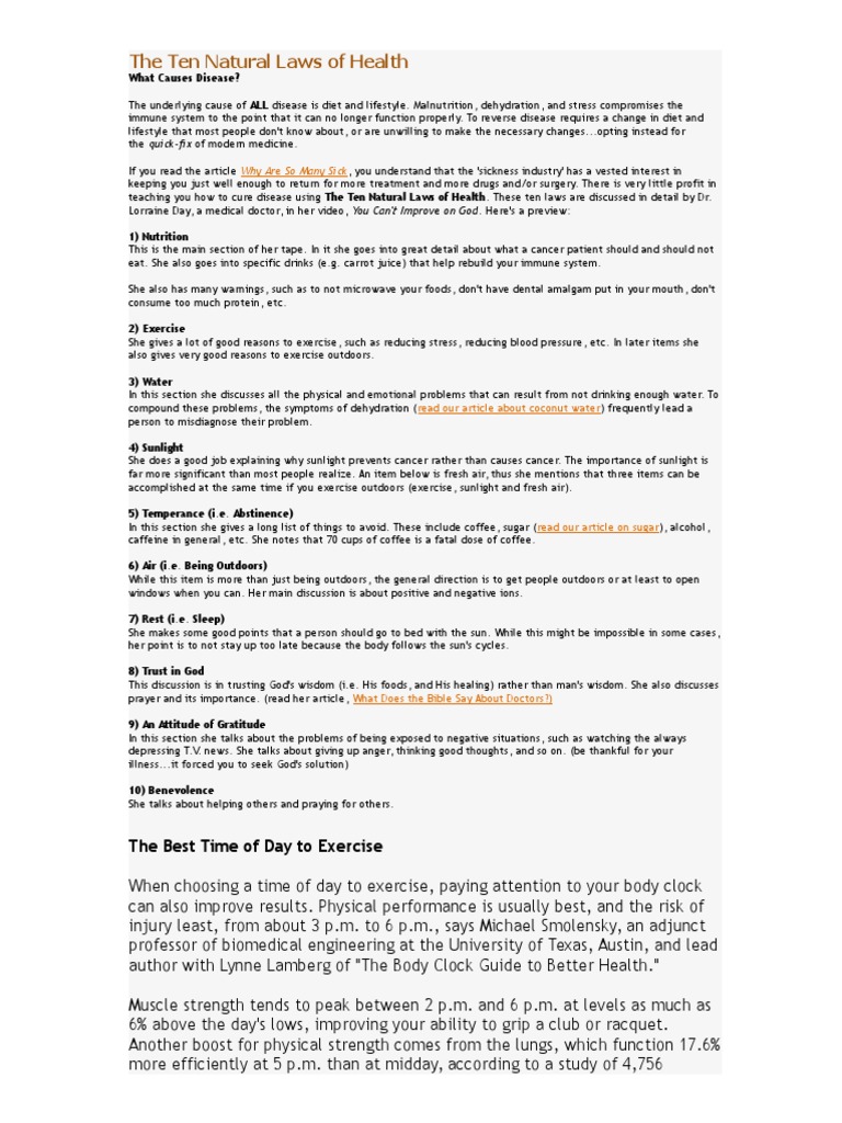 The Ten Natural Laws of Health | PDF | Physical Exercise | Sleep