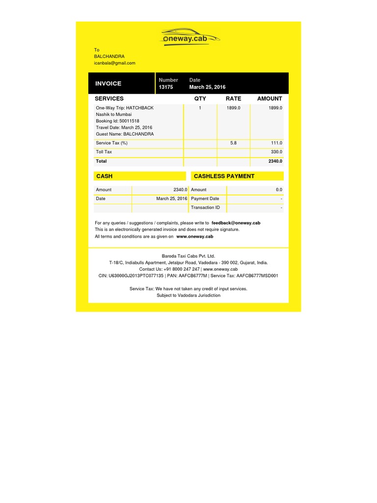OneWay Cab - Invoice No. - 13175 | PDF