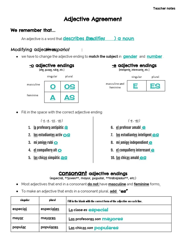 Spanish Adjective Agreement Rules | PDF | Grammatical Gender ...