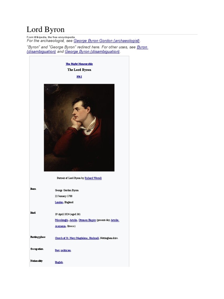 Lord Byron: For The Archaeologist, See - "Byron" and "George Byron ...