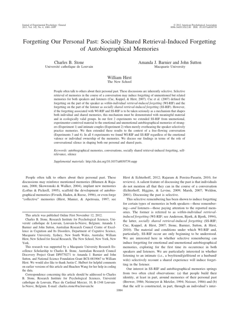 Forgetting Our Personal Past: Socially Shared Retrieval-Induced Forgetting of Autobiographical ...