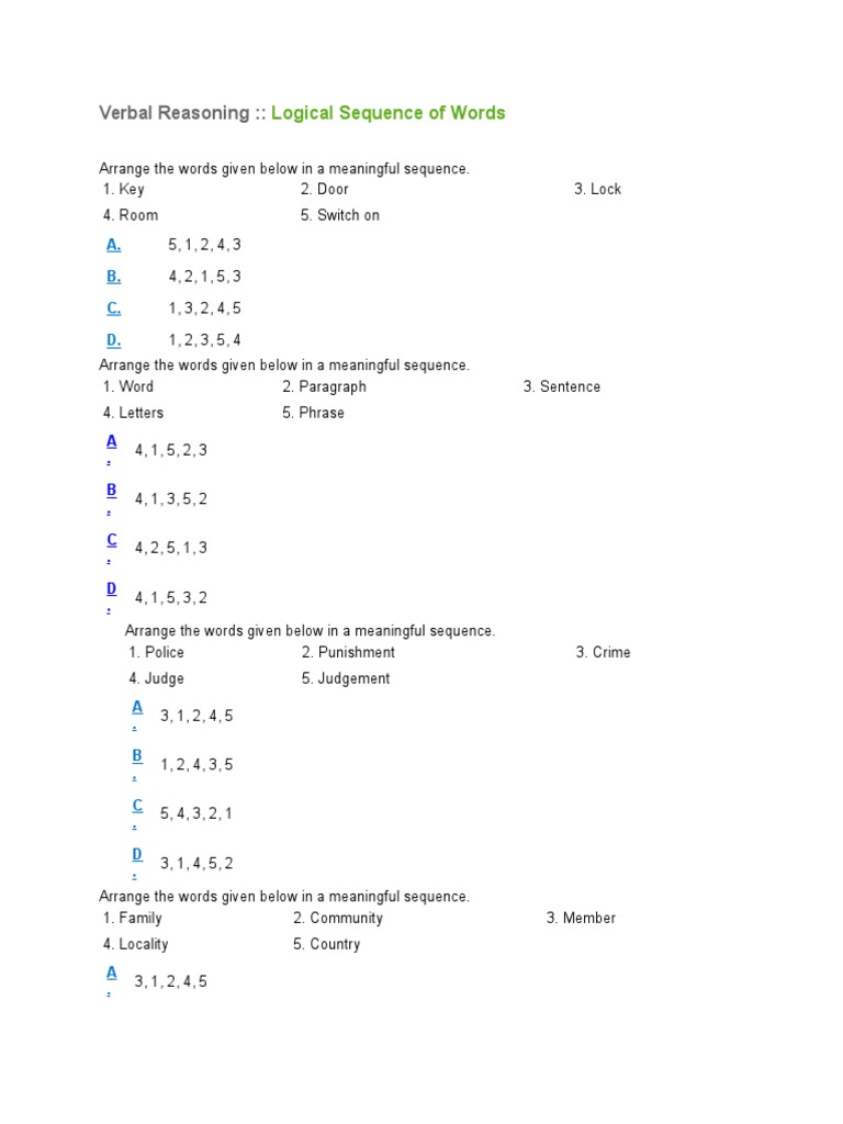 Verbal Reasoning::: Logical Sequence of Words | PDF