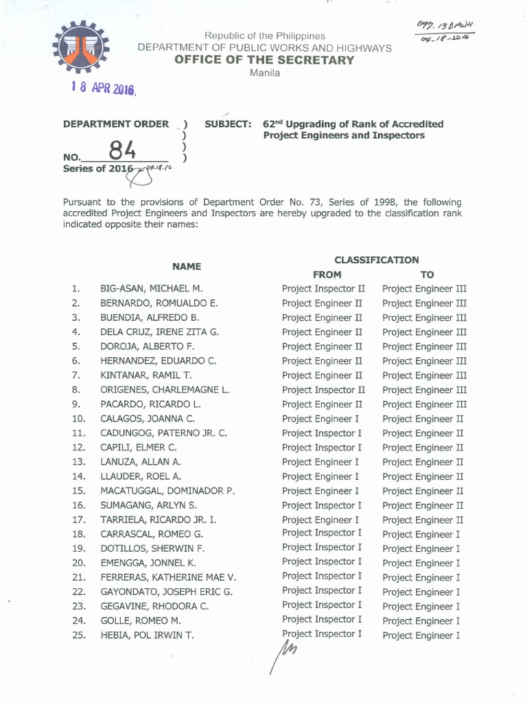 Office of The Secretary: Department Order ) Subject: 62 Upgrading of ...