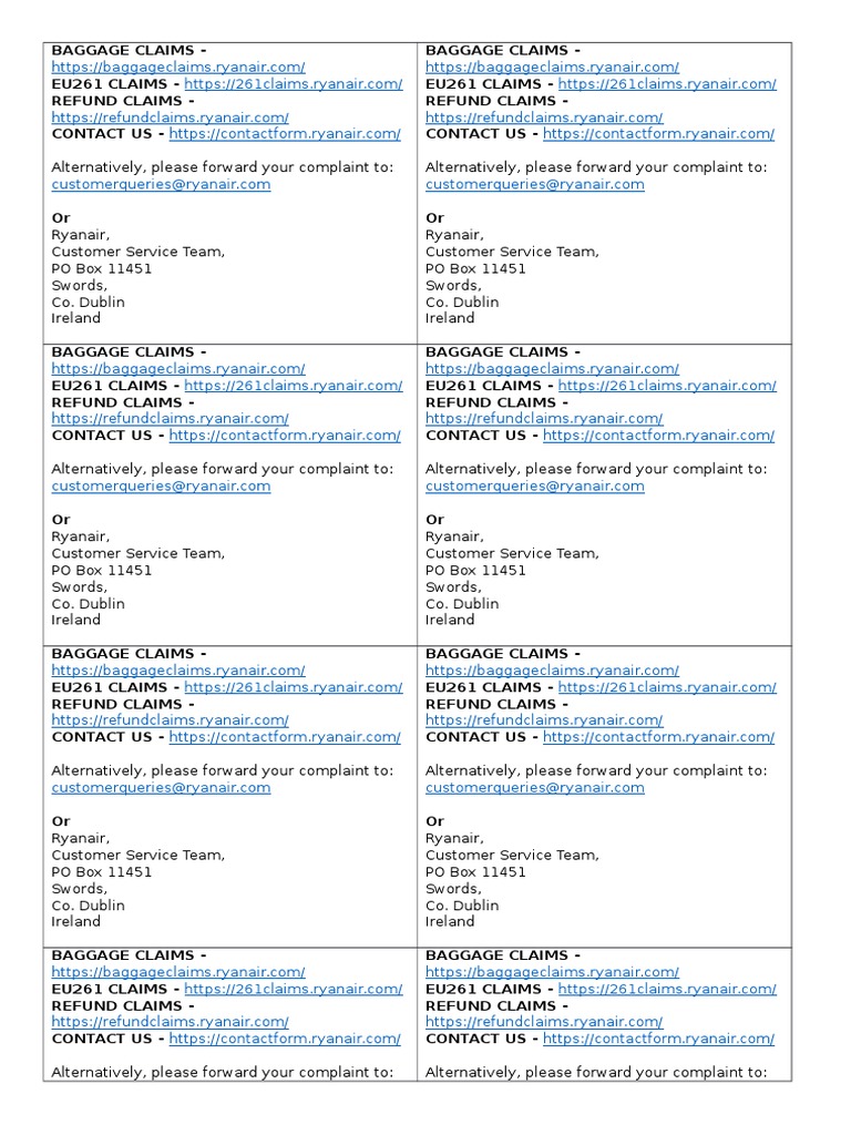 Ryanair claims and contact info | PDF | Airlines | Aviation