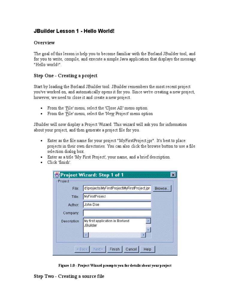 Jbuilder Lesson 1 - Hello World!: Figure 1.0 - Project Wizard Prompts ...