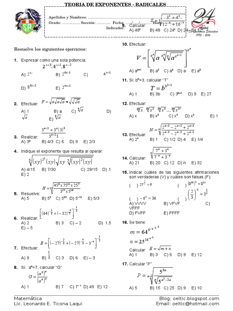 Practica de Exponentes | Descargar gratis PDF | Enseñanza de matemática
