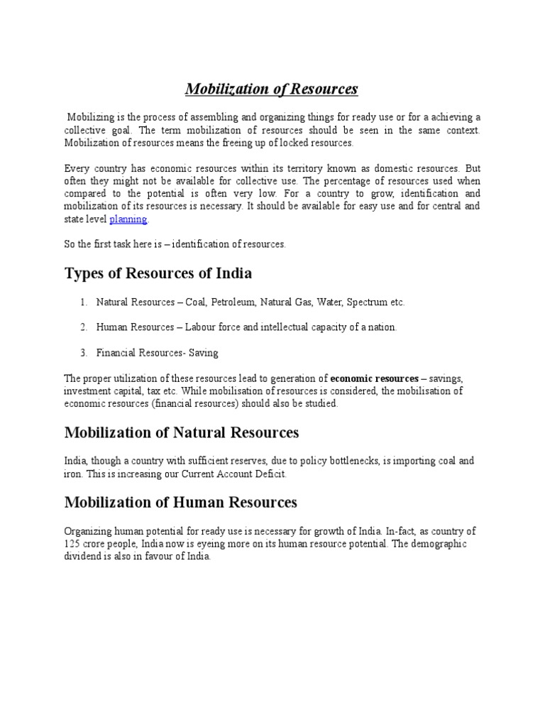 Mobilization of Resources | Resource | Wealth