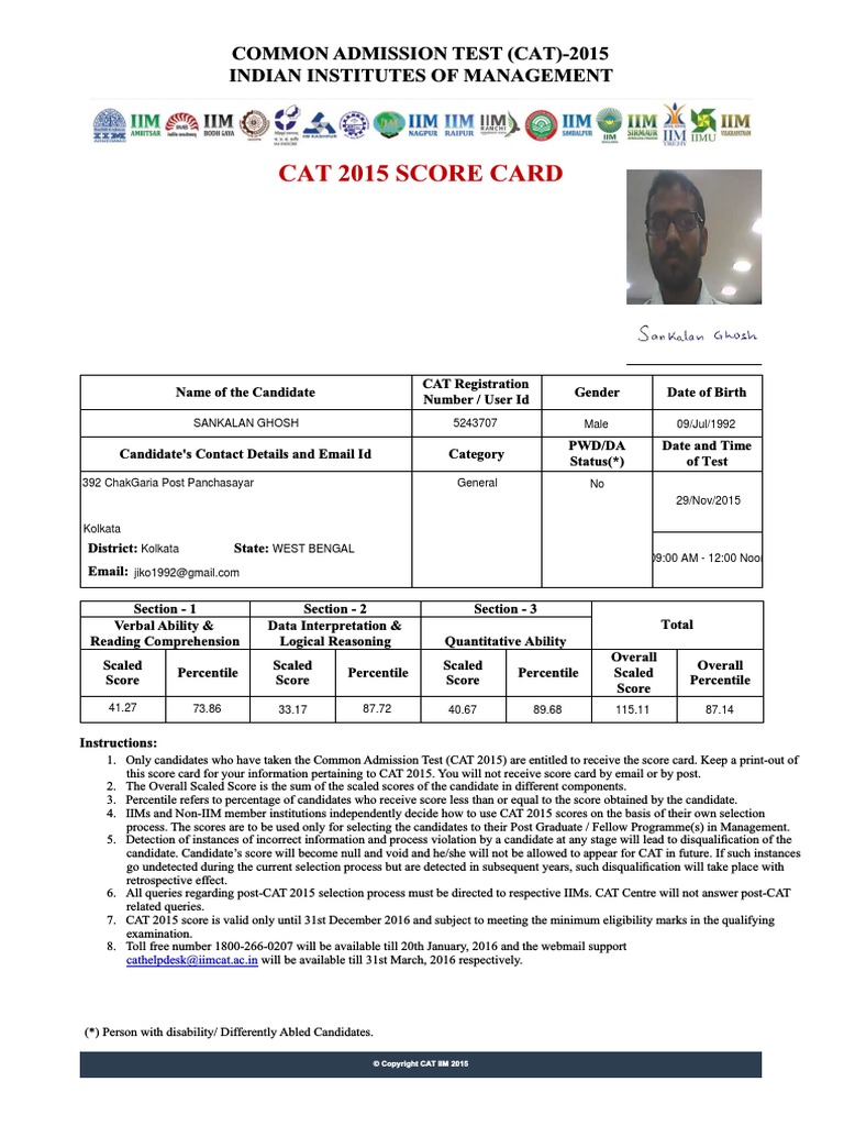 Cat 2015 Score Card: Common Admission Test (Cat) - 2015 Indian ...