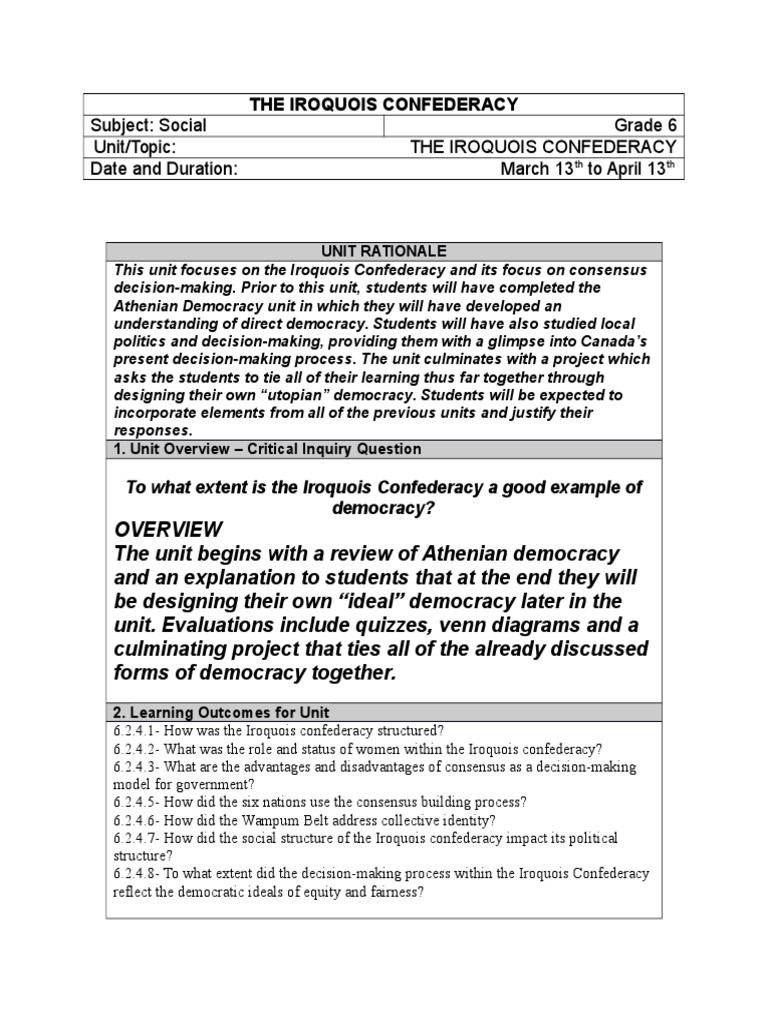 Iroquois Confederacy Unit Plan | PDF | Iroquois | Consensus Decision Making