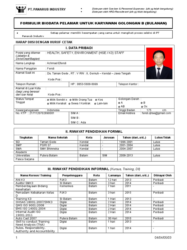 Formulir Biodata Pelamar Kerja HSE | PDF