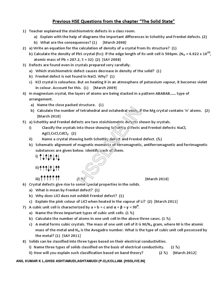 HSE Solid State Questions & Answers | PDF | Crystal Structure ...