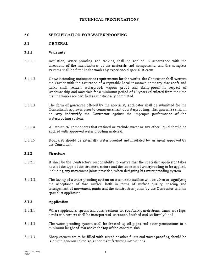 Water Proofing Specification | PDF | Concrete | Mortar (Masonry)