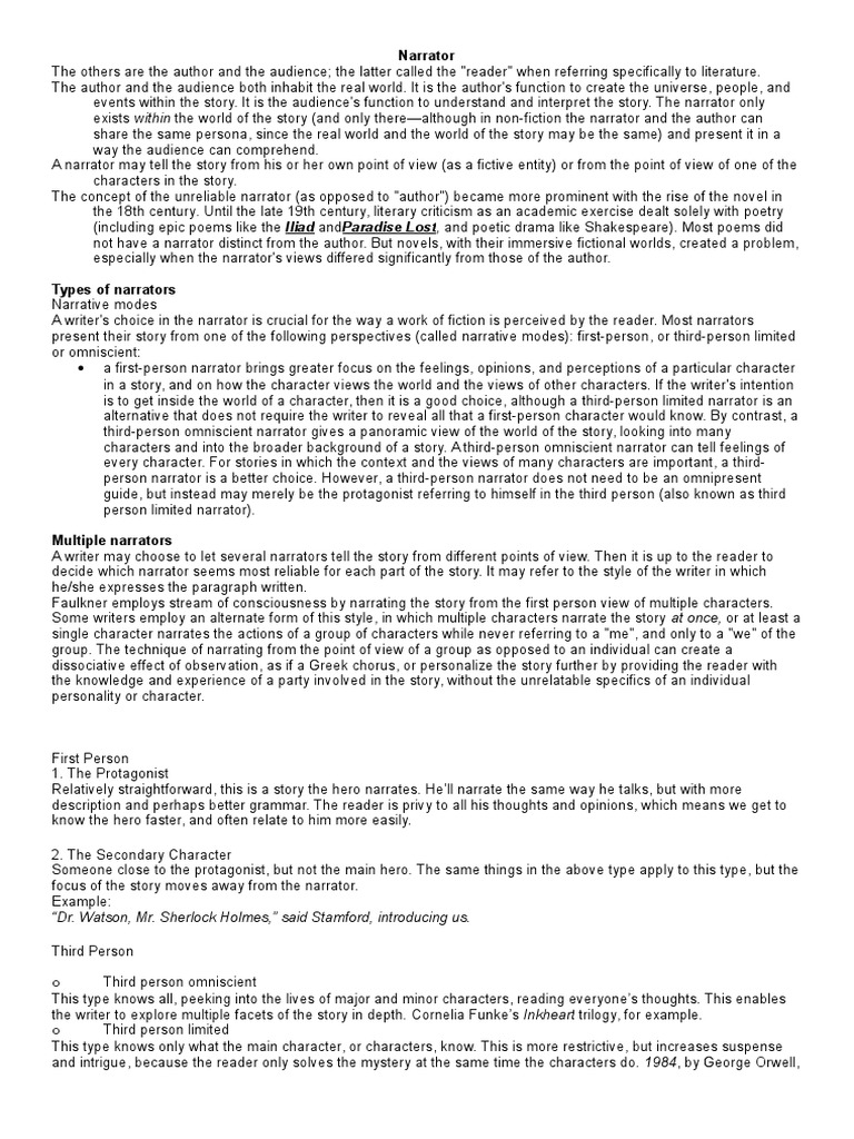 Types of Narrator in Literature | PDF | Narration | Narrative