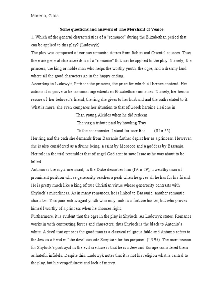 Analysis Questions and Answers On The Merchant of Venice | PDF | The ...