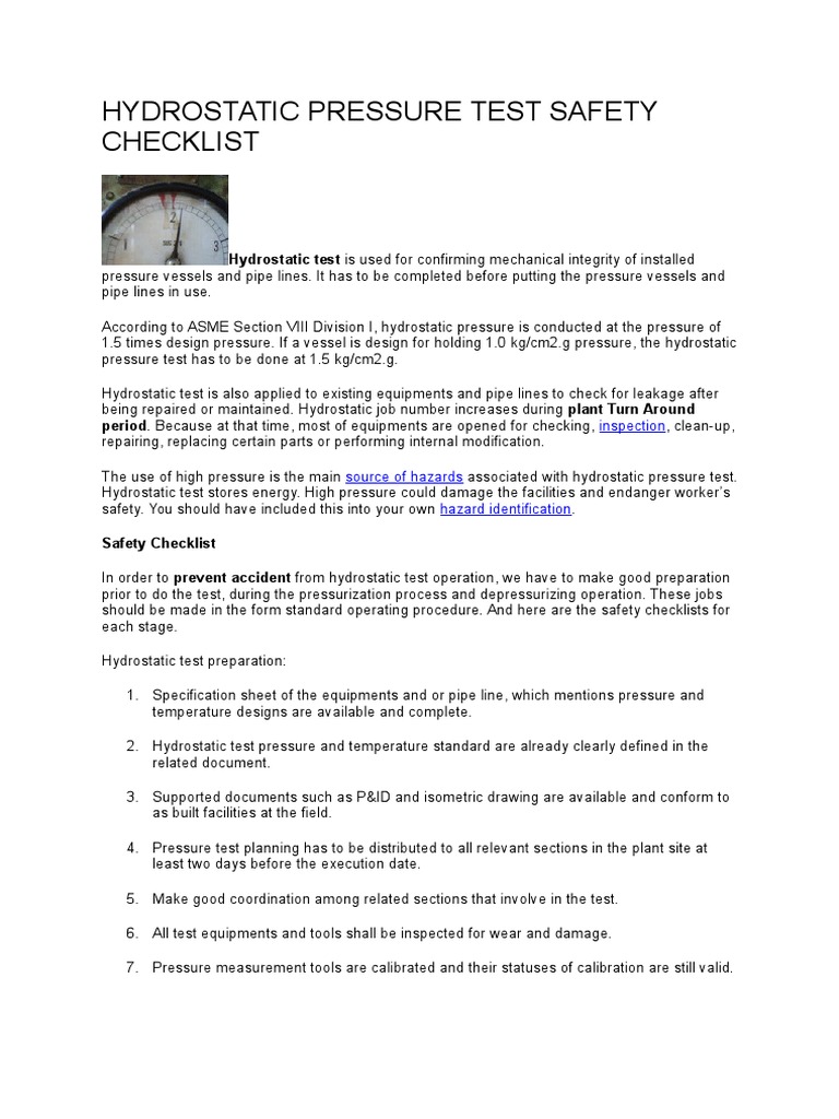 Hydrostatic Pressure Test Safety Checklist | PDF | Valve | Pressure ...