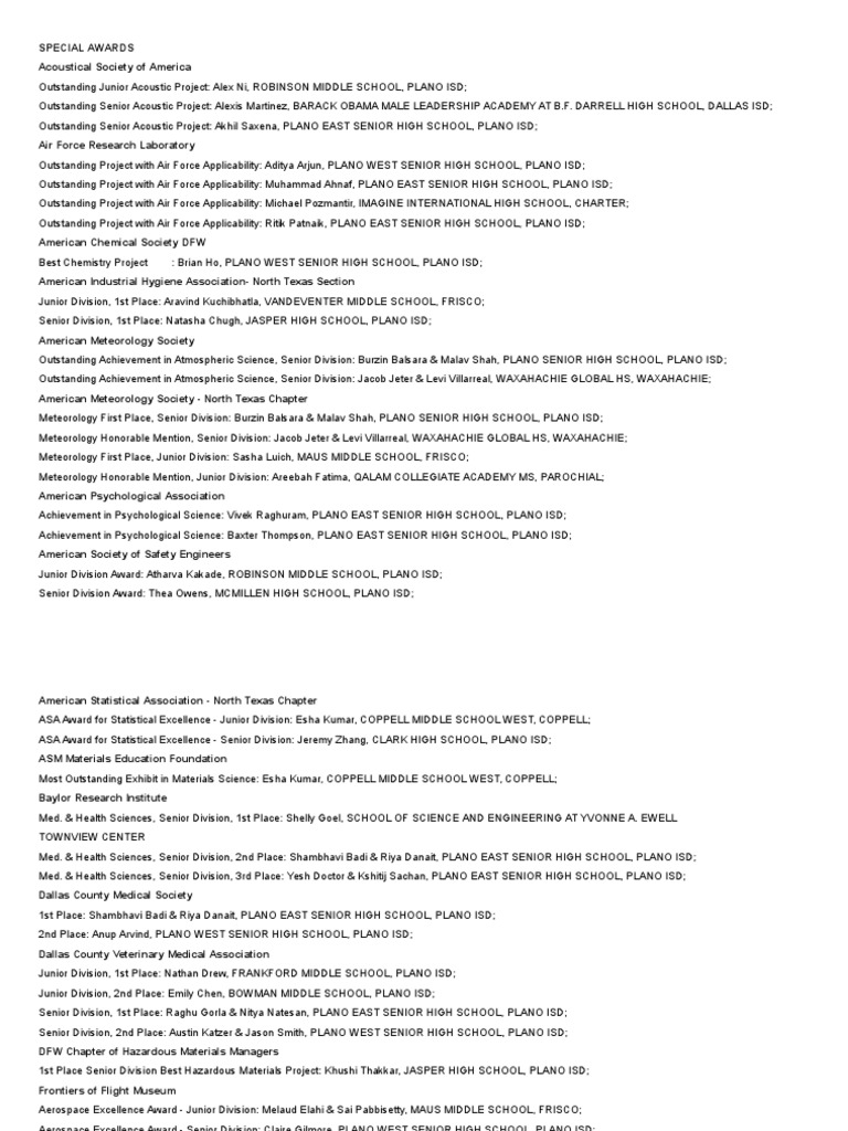 Science Fair Special Awards (2017) | Download Free PDF | Schools | Science