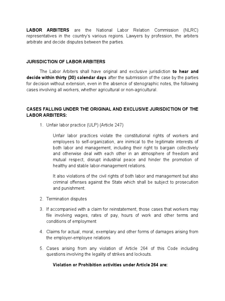 Jurisdiction of Labor Arbiters | PDF | Arbitration | Strike Action