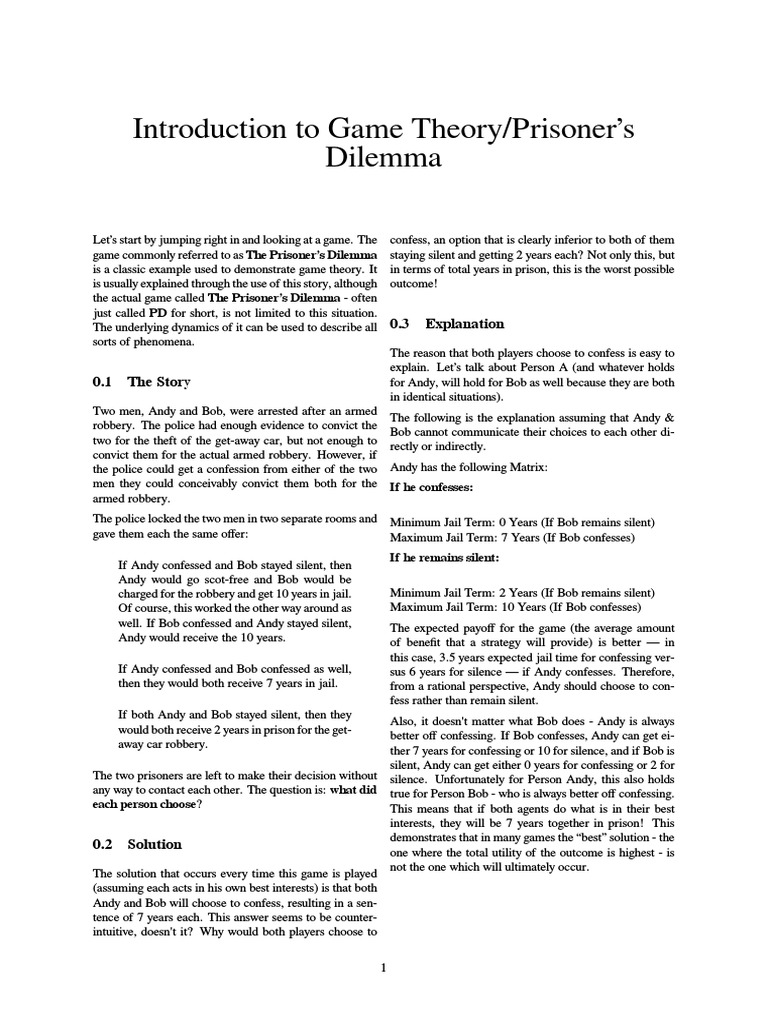 Introduction To Game Theory/Prisoner's Dilemma | PDF | Game Theory | Prison