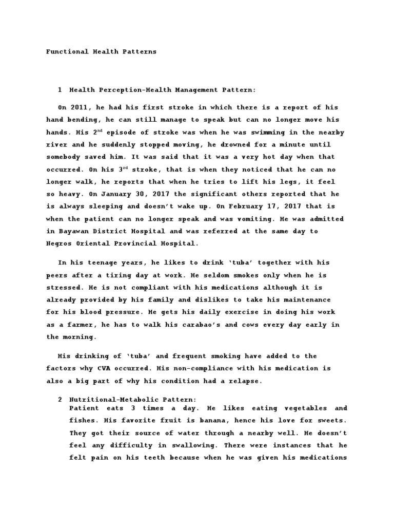 Functional Health Patterns | PDF | Stroke | Sleep