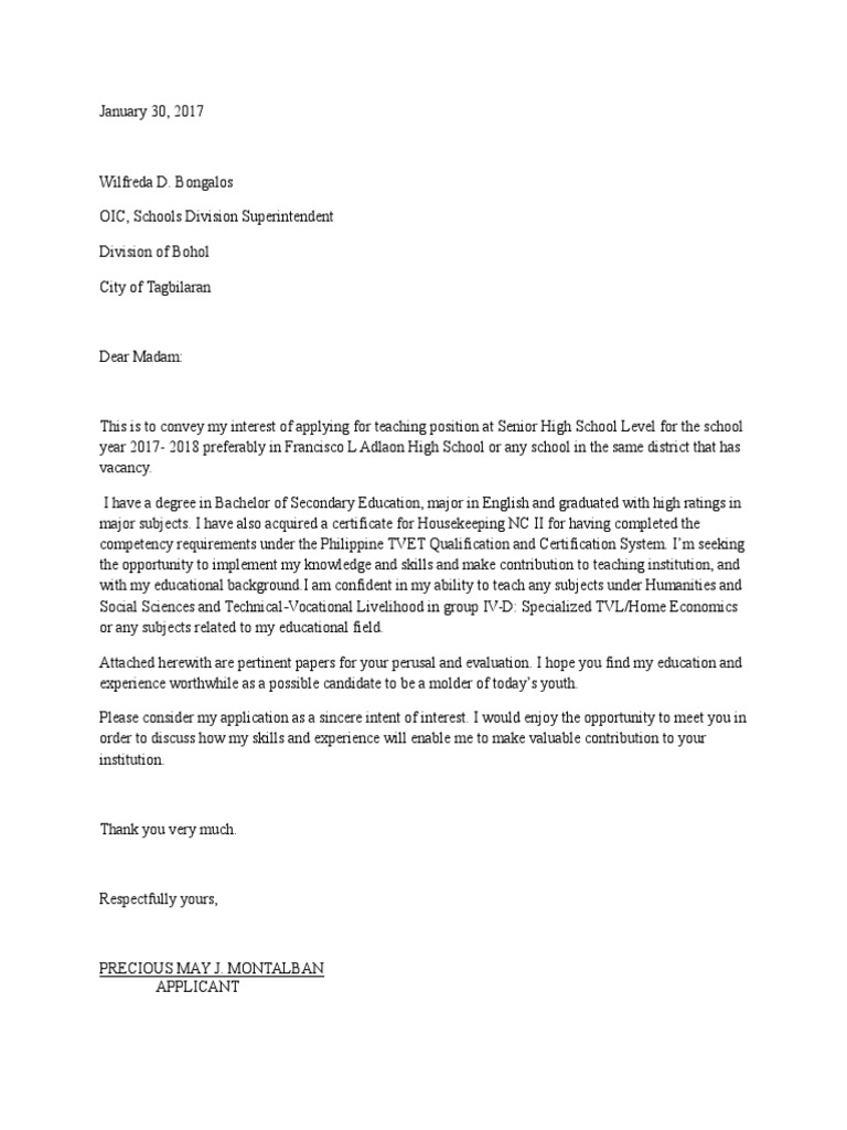 Letter of Intent for Teacher Position | PDF | Behavior Modification ...