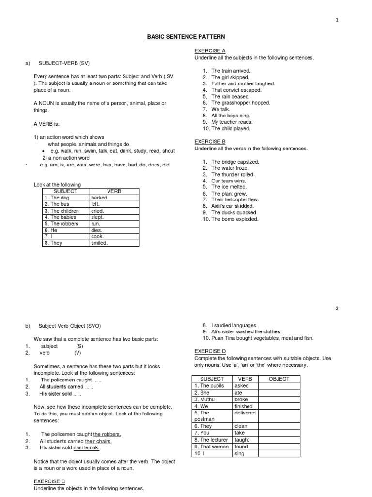 Basic Sentence Pattern PDF | PDF | Sentence (Linguistics) | Object (Grammar)