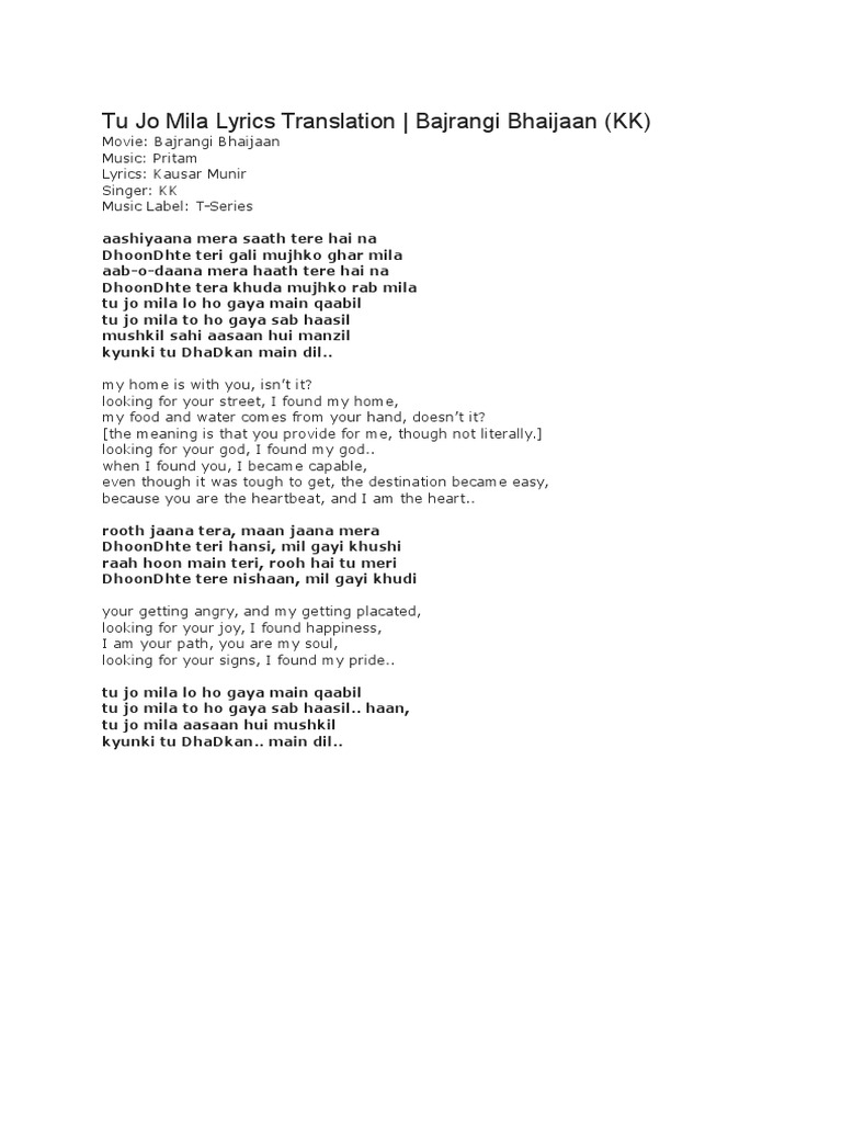 Tu Jo Mila Lyrics Translation - Bajrangi Bhaijaan (KK) | PDF