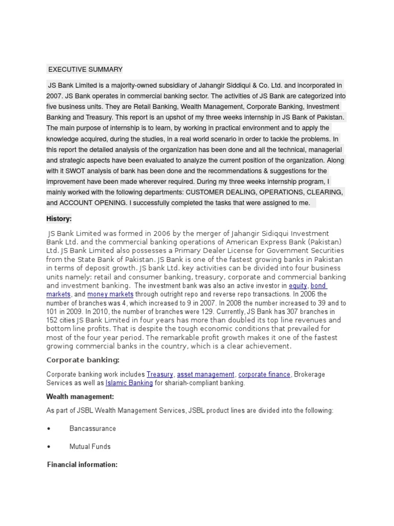 An Analysis of JS Bank Limited: Focusing on the Organization's History ...