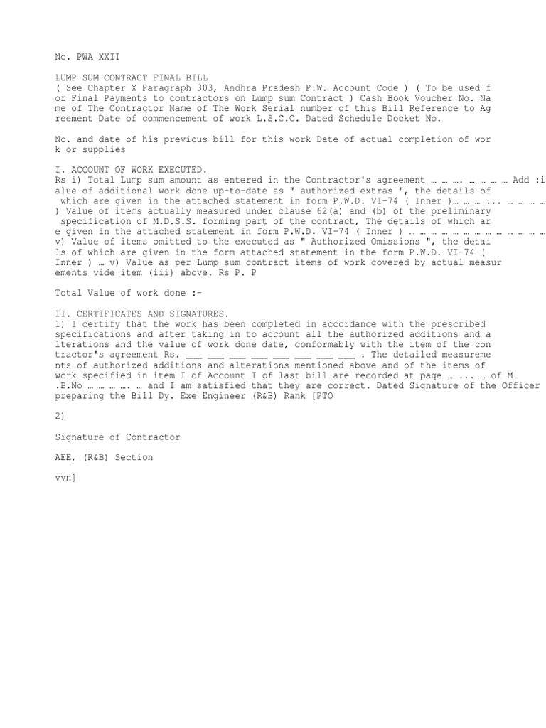 Lump Sum Contract Final Bill Template | PDF | Payments | Cheque