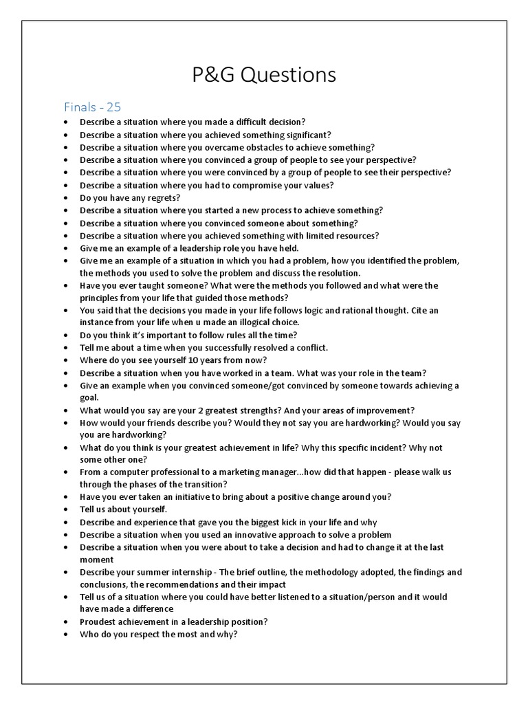 P&G Interview Questions | PDF | Logic | Leadership