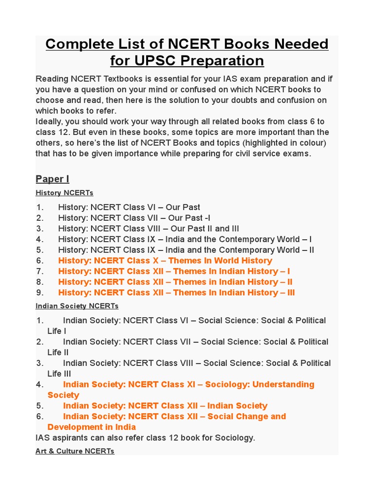 Complete List of NCERT Books Needed For UPSC Preparation | PDF ...
