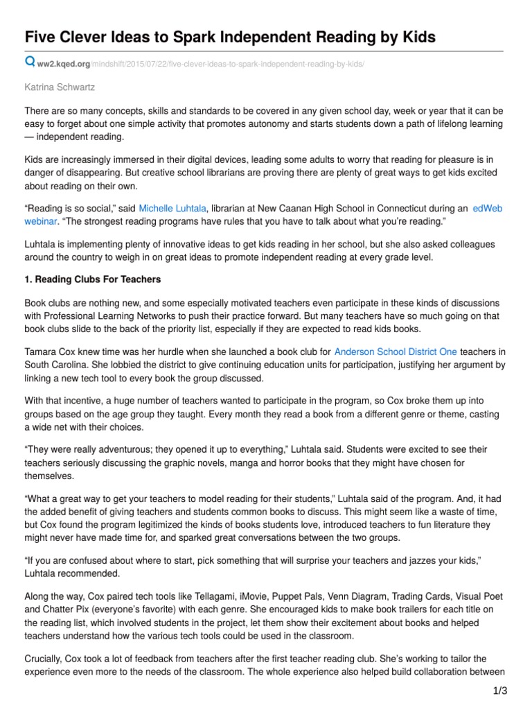 Spark Kids' Independent Reading Ideas | PDF | Librarian | Communication