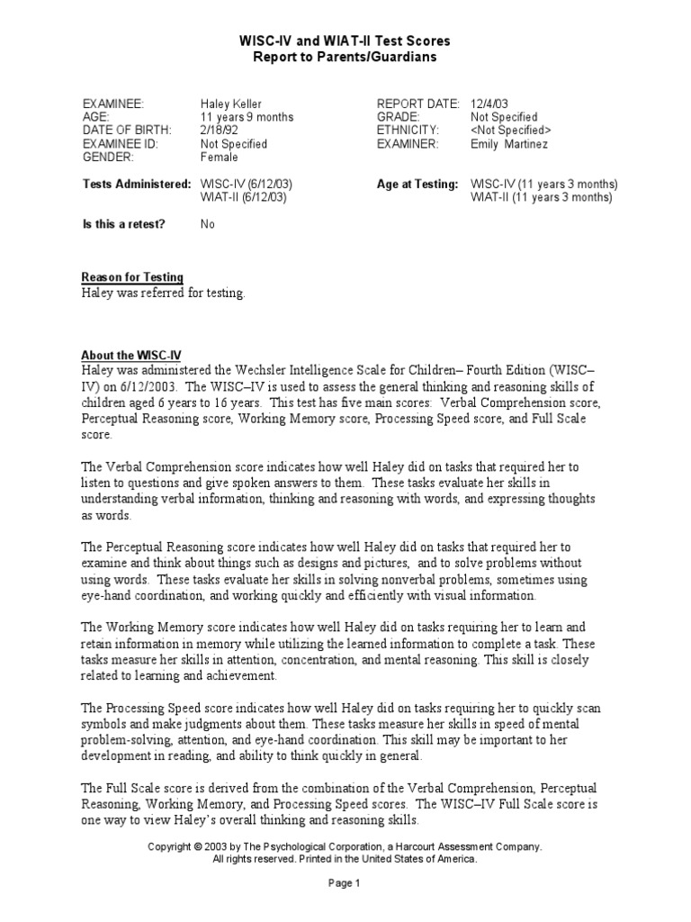 WISC IV WIAT IIInterpretiveParent | PDF | Wechsler Adult Intelligence ...