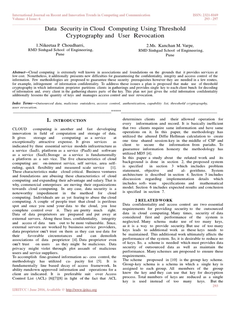 Data Security in Cloud Computing Using Threshold Cryptography and User Revocation | PDF ...