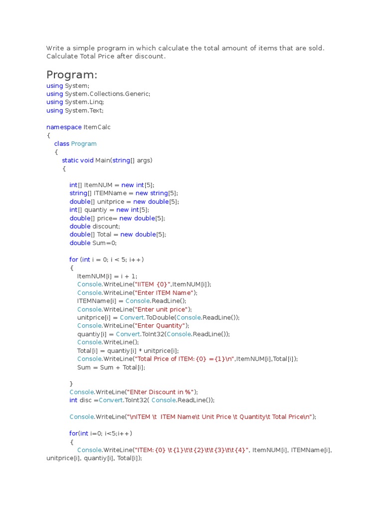 Write A Simple Program in Which Calculate The Total Amount of Items ...