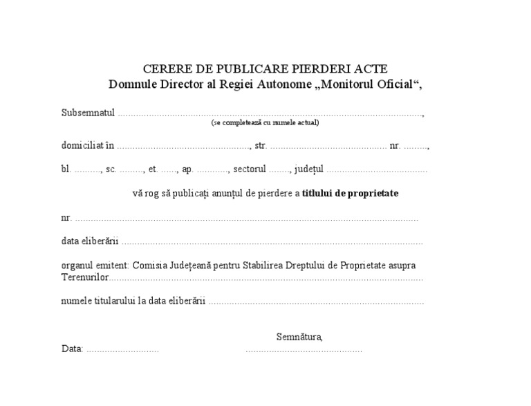 323 - Cerere de Publicare Pierdere Titlu de Proprietate PDF | PDF