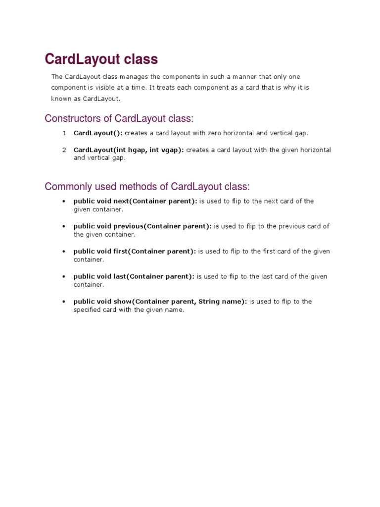Constructors of Cardlayout Class | PDF | Java (Programming Language) | Information Technology ...