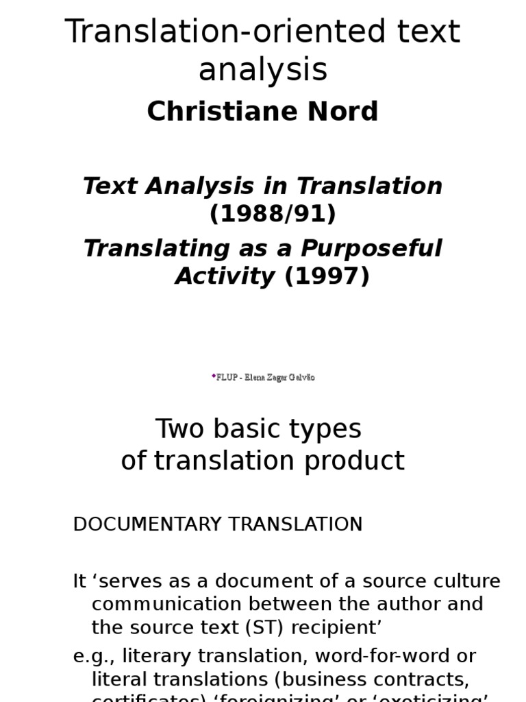 Christiane Nord: Text Analysis in Translation Translating As A ...