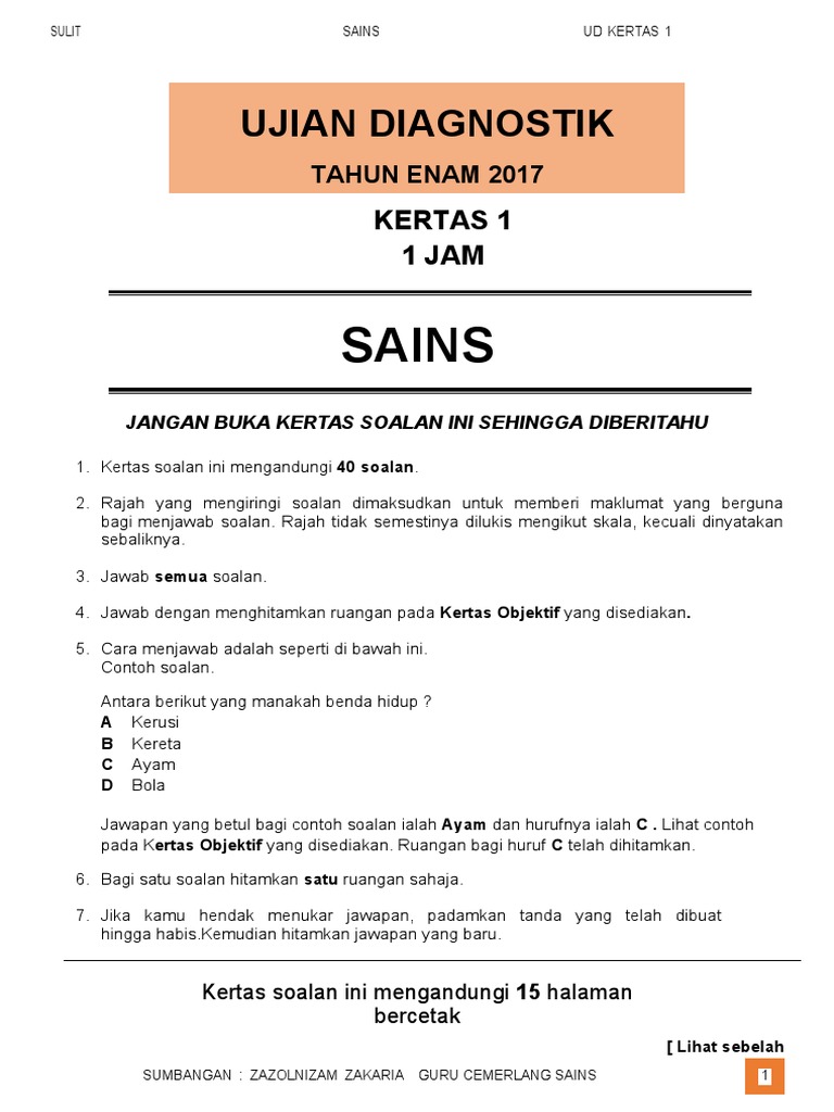 Ujian Diagnostik Tahun 6 Science Pdf
