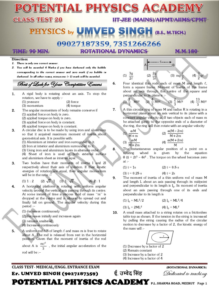 Test 20 Rotational Dynamicss | PDF | Rotation Around A Fixed Axis | Torque