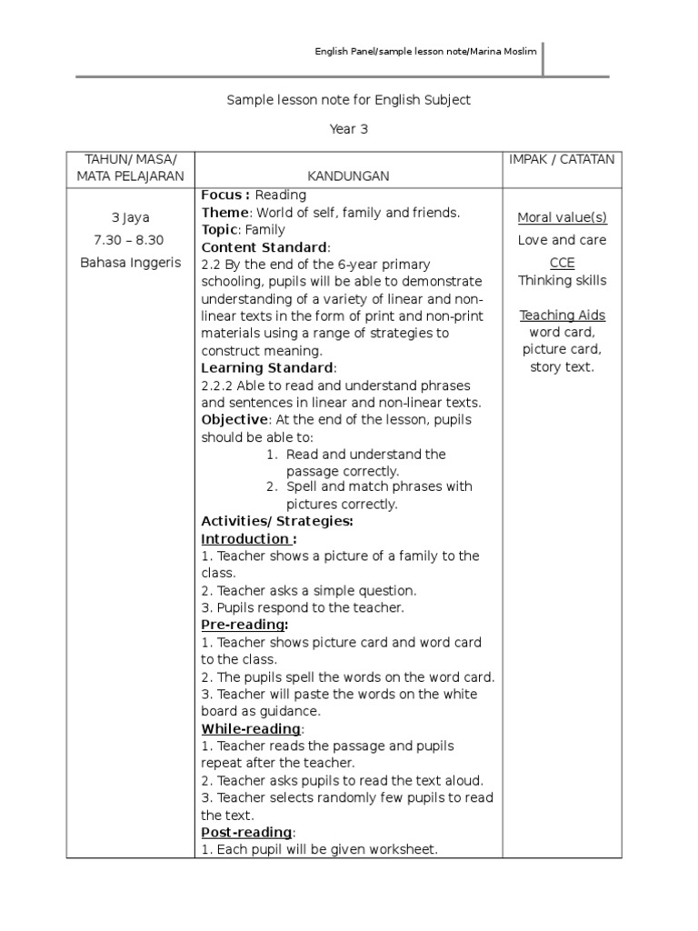 Sample Lesson Note Reading | PDF | Reading Comprehension | English Language