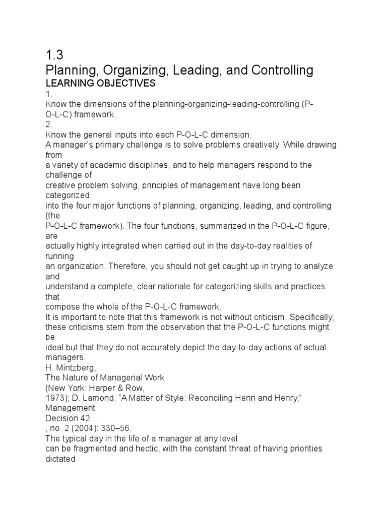 1.3 Planning, Organizing, Leading, and Controlling: Learning Objectives ...