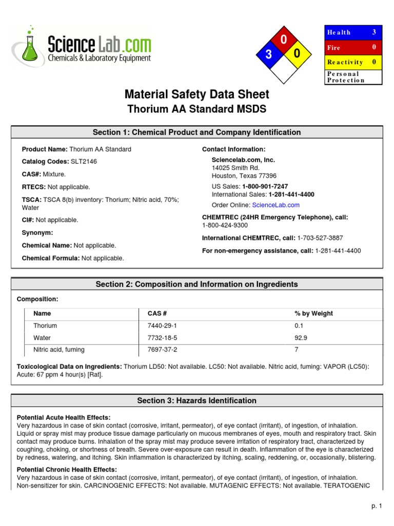 Thorium AA Standard MSDS: Section 1: Chemical Product and Company ...
