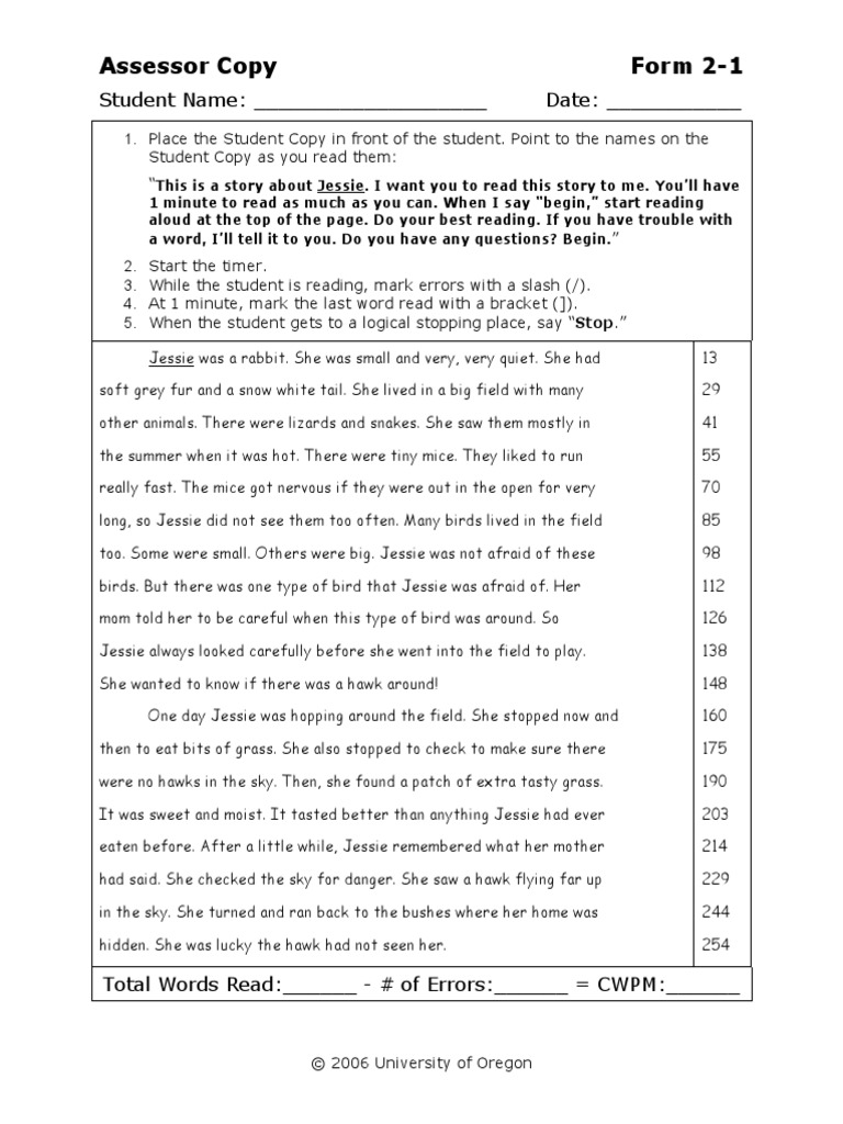 Passage Reading Fluency Grade 2 Form 1 Assessor | PDF