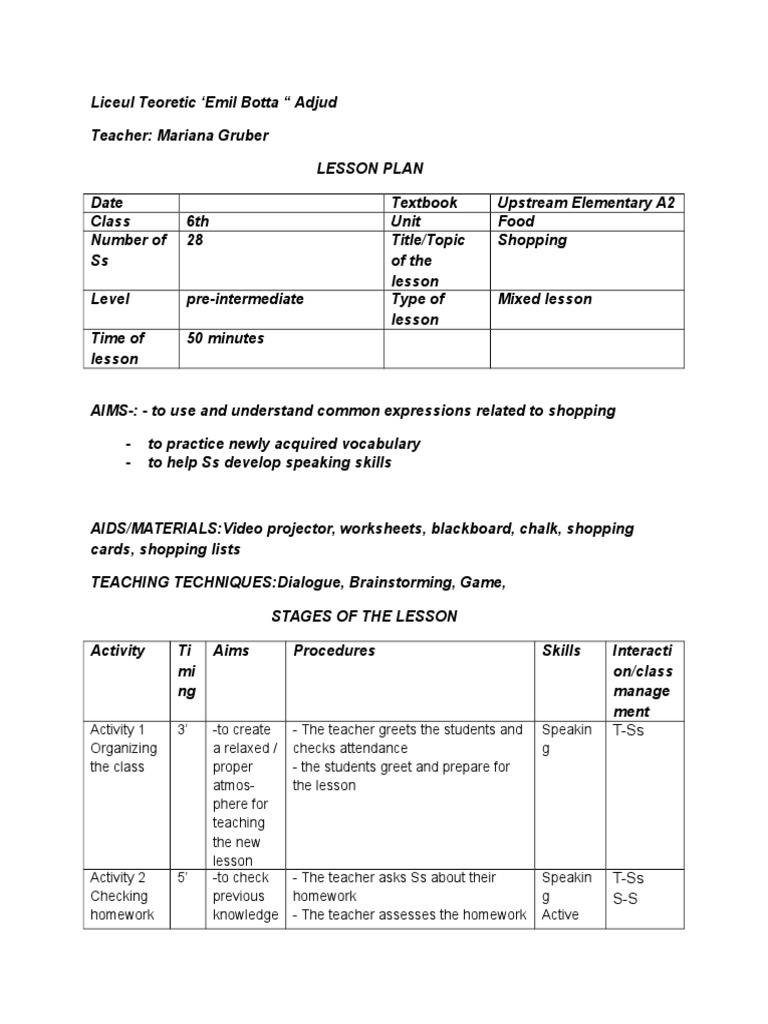 Shopping List Lesson Plan | PDF | Lesson Plan | Education Theory
